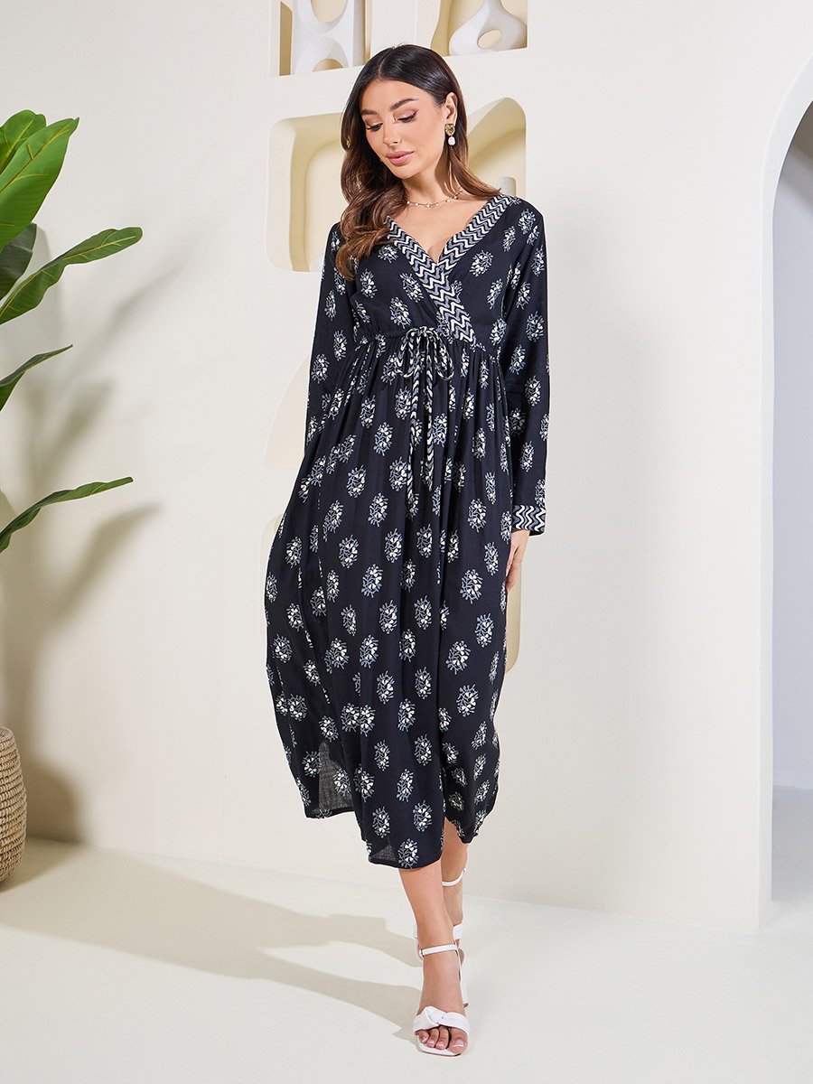 Block Print A-Line Maxi Dress with Waist Tie Up For Women at Saudi | Styli