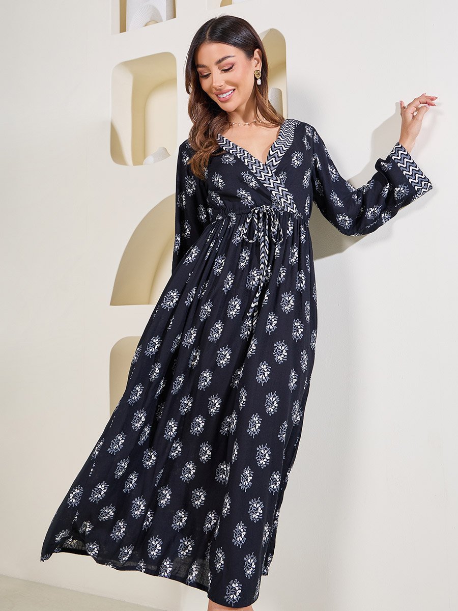 Block Print A-Line Maxi Dress with Waist Tie Up For Women at Saudi | Styli