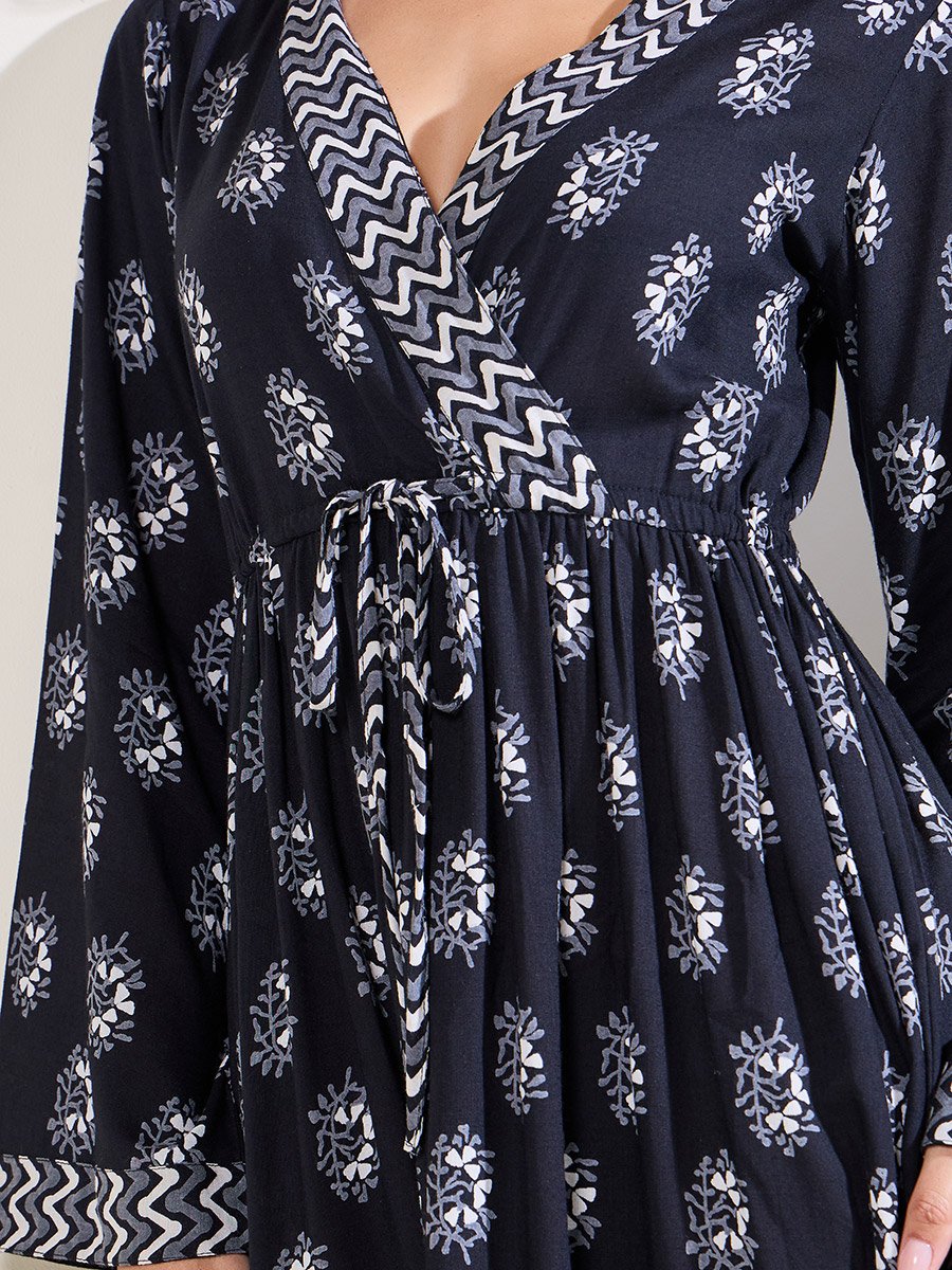Block Print A-Line Maxi Dress with Waist Tie Up For Women at Saudi | Styli