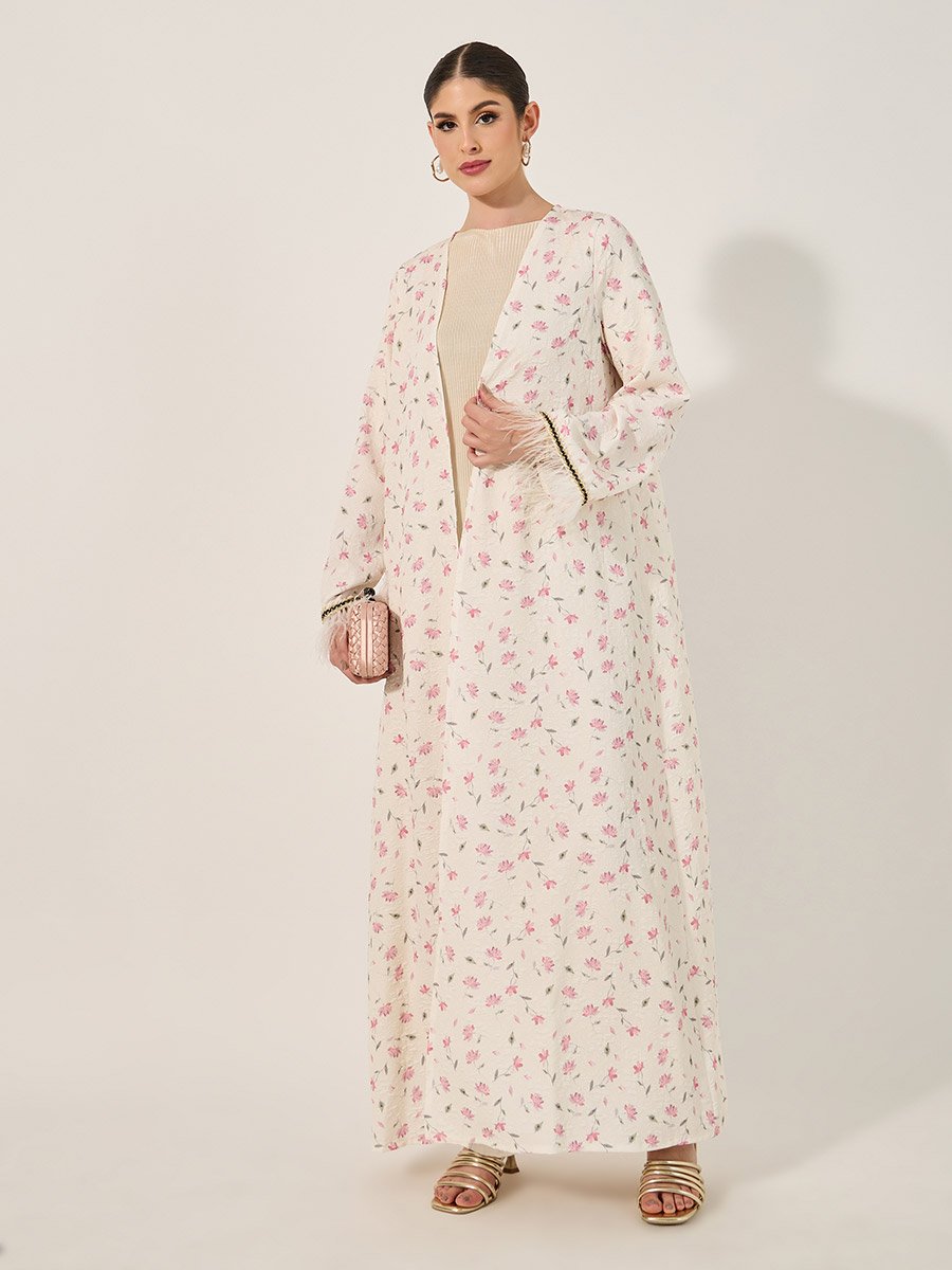 Floral Print Jacquard Abaya Feather Trims Detail For Women at UAE | Styli