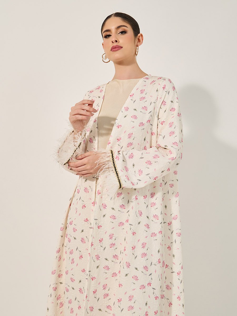 Floral Print Jacquard Abaya Feather Trims Detail For Women at UAE | Styli