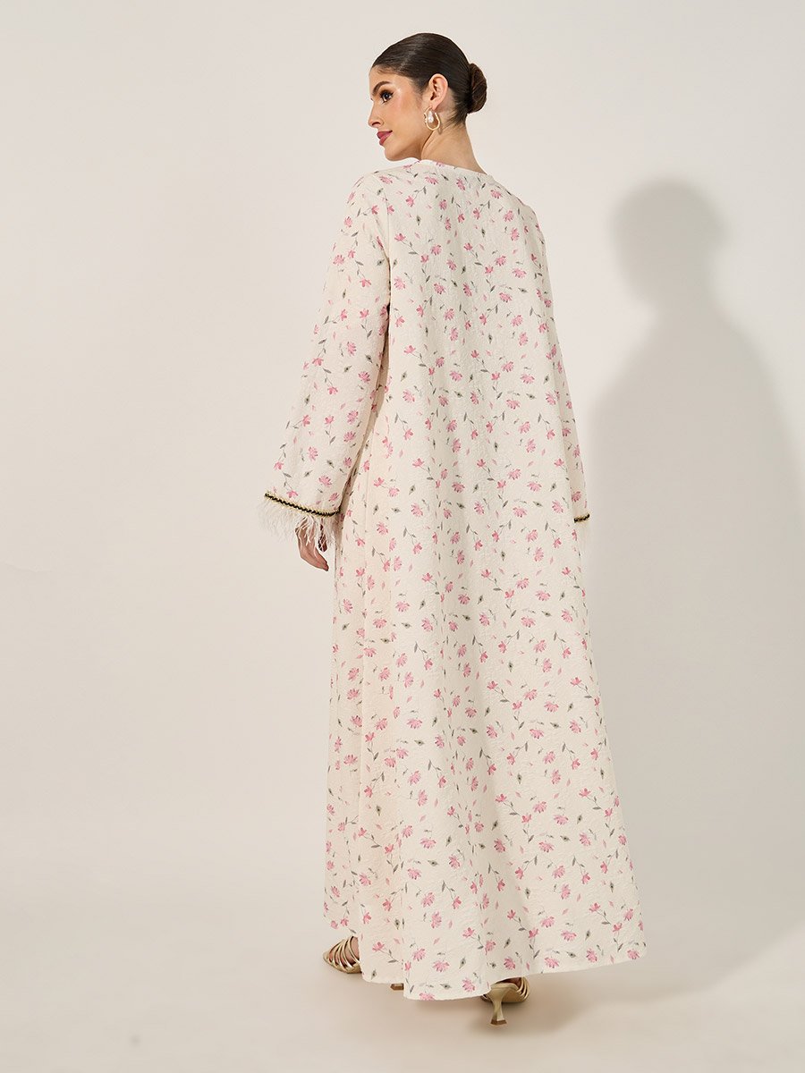 Floral Print Jacquard Abaya Feather Trims Detail For Women at UAE | Styli