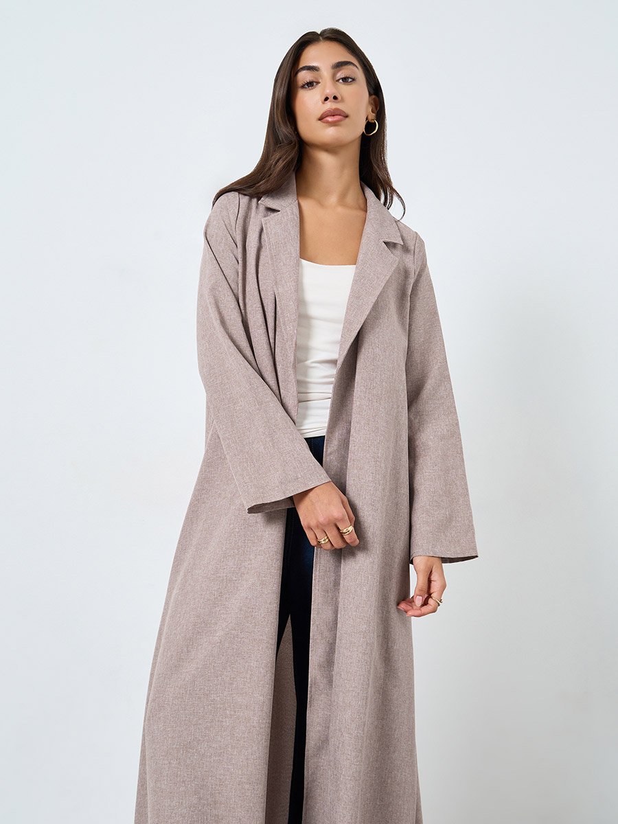 Open Front Notch Label Collar Abaya For Women at UAE | Styli