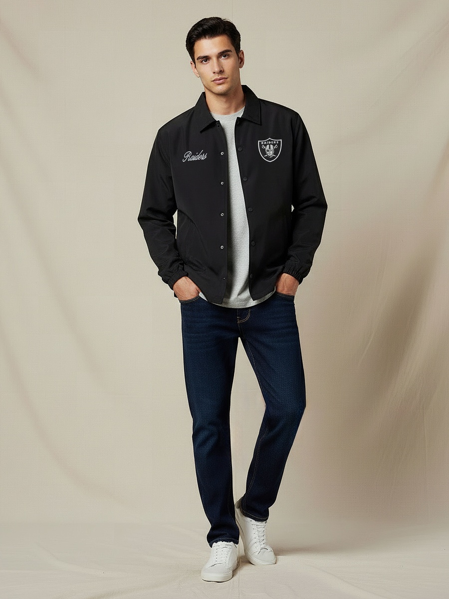 Men Relaxed Fit Raiders Logo Embroidered Coach Jacket For Default ...