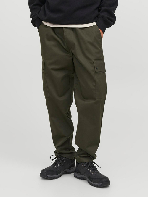 Buy Wide Fit Snap Cargo Pants with Elastic Waistband Olive For Men Styli Kuwait