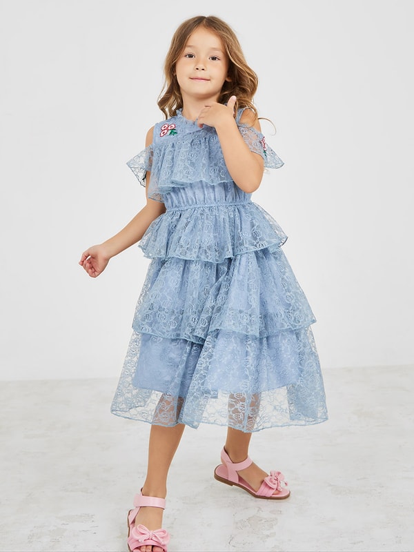 Lace Detail Embroidered Cold Shoulder Tiered Dress | Styli