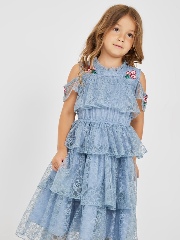 Lace Detail Embroidered Cold Shoulder Tiered Dress | Styli