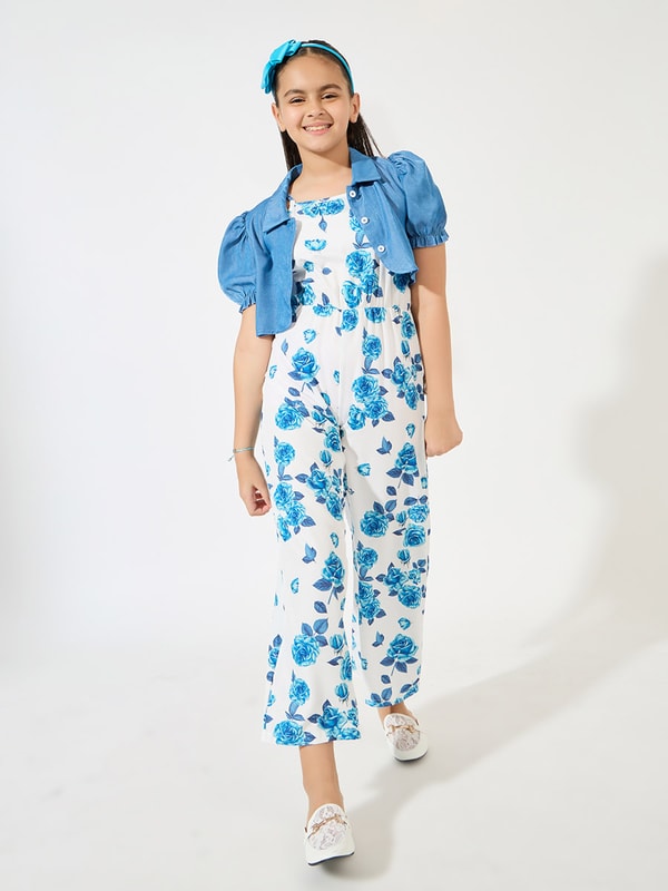 Denim Look Bolero and Floral Print Jumpsuit Set For Kids at Bahrain | Styli