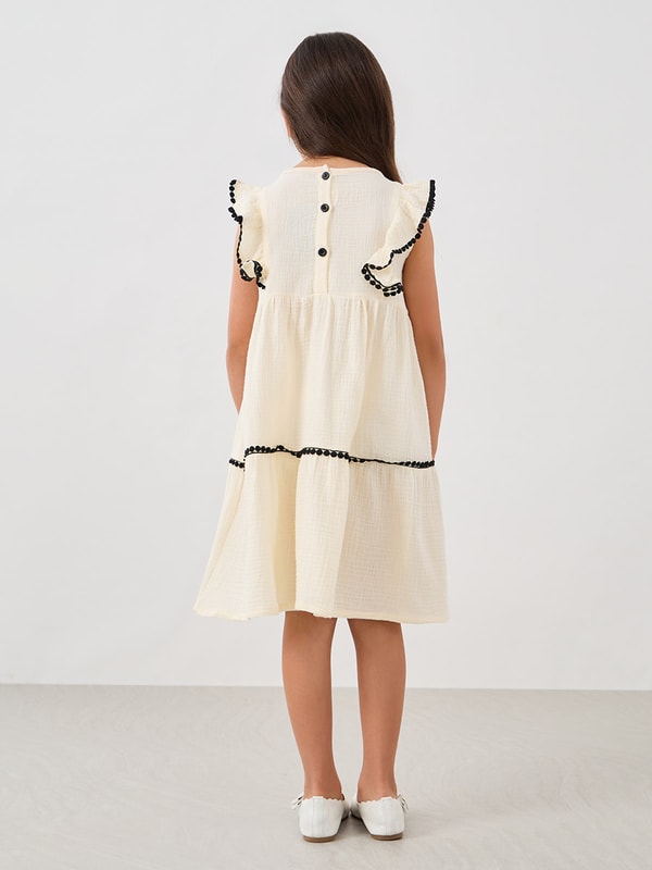 Buy Embroidered Sleeveless Ruffled Detail Knee-Length Dress Off White ...