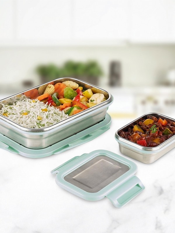 2-Piece Stainless Steel Rectangular Lunch Box Set 800ml and 200ml ...