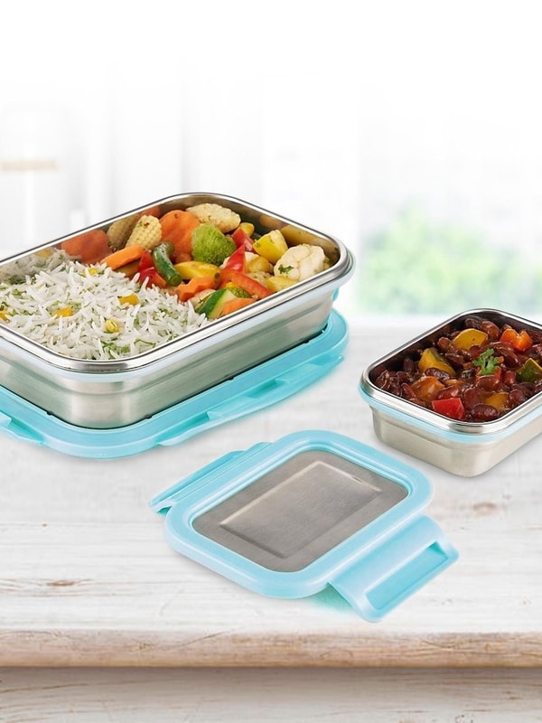 2-Piece Stainless Steel Rectangular Lunch Box Set 800ml and 200ml -Blue ...