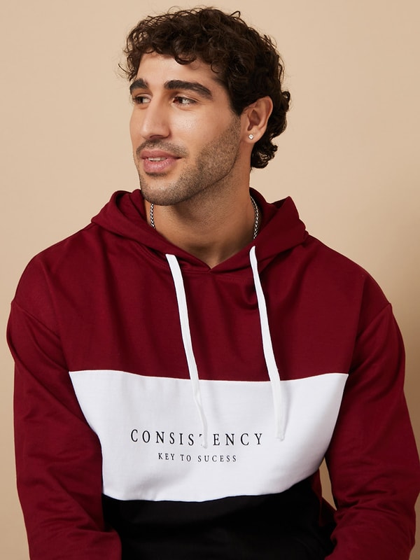 Buy Colorblock Regular Fit Hoodie with Kangaroo Pocket Maroon For Men ...