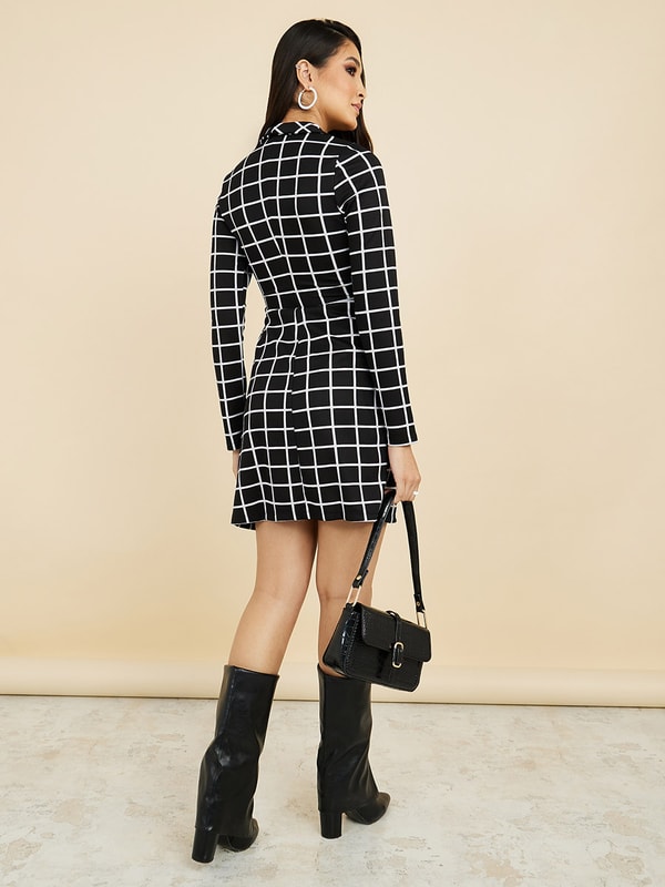 Long Sleeves Window Pane Check Wrap Blazer Mini Dress | Styli