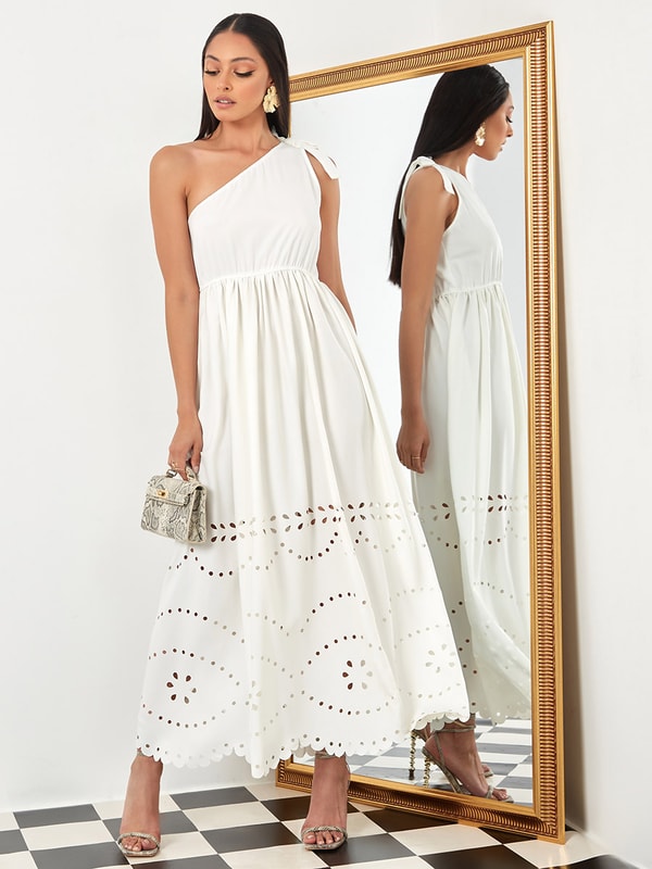 One Shoulder Self Design A-Line Maxi Dress For Women at UAE | Styli