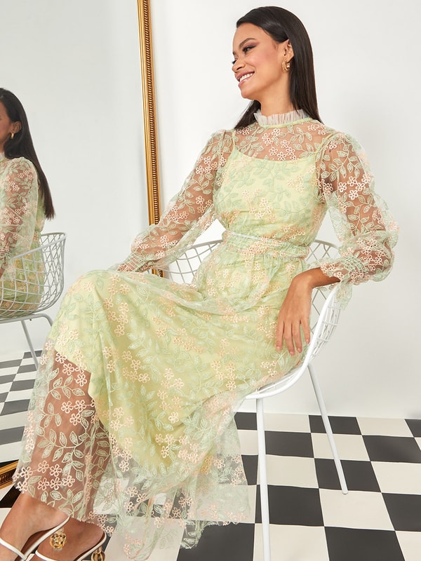 Floral Detail Mesh Insert Long Sleeves with Strappy Maxi Dress | Styli Floral Detail Mesh Insert Long Sleeves with Strappy Maxi Dress | Styli