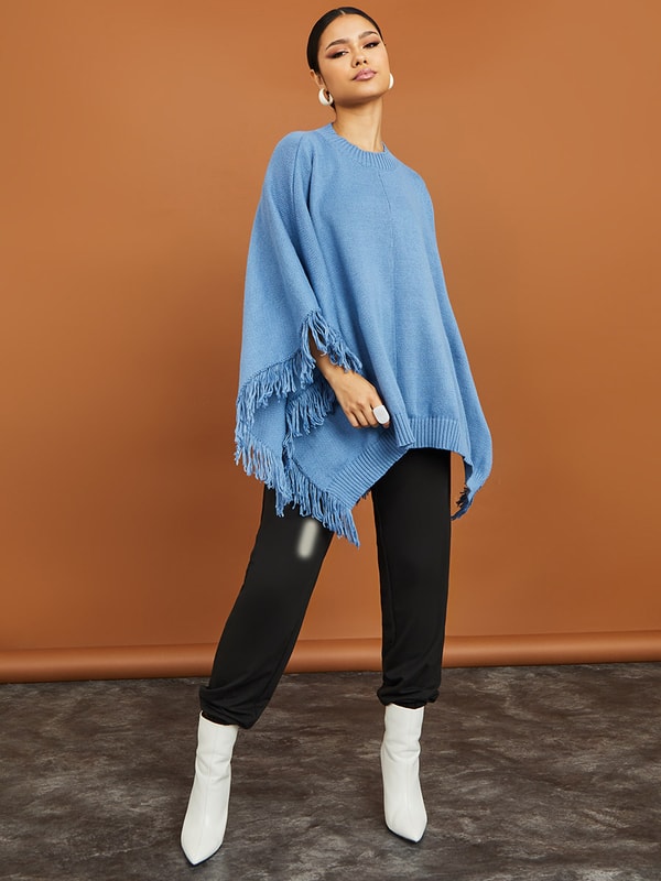 Oversized Regular Length Cape with Fringe Detail | Styli