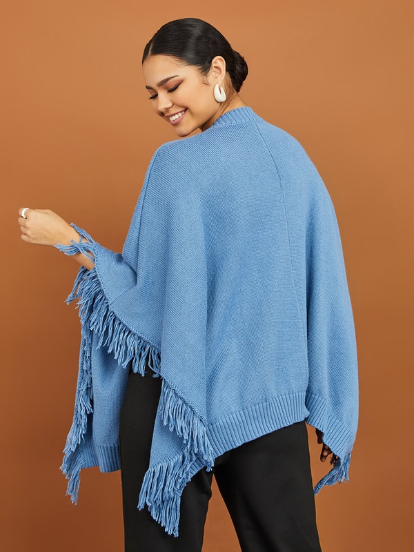 Oversized Regular Length Cape with Fringe Detail | Styli