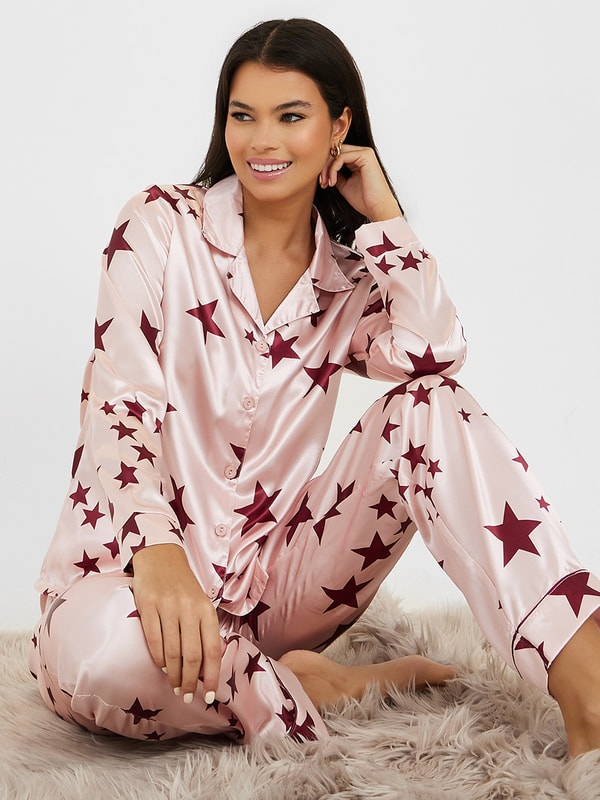 Long Sleeves Star Print Satin Shirt And Trouser Set Styli