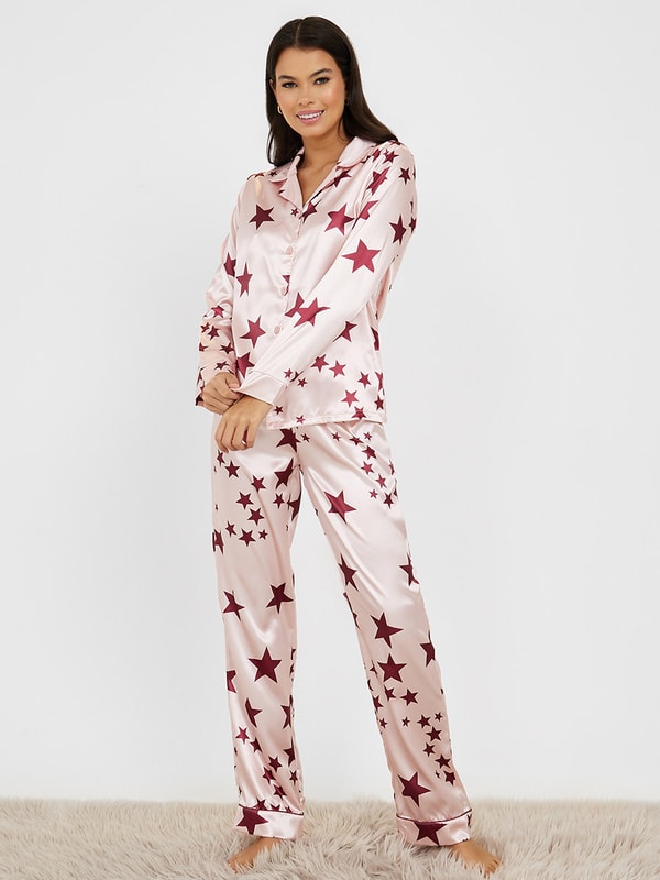 Long Sleeves Star Print Satin Shirt And Trouser Set Styli