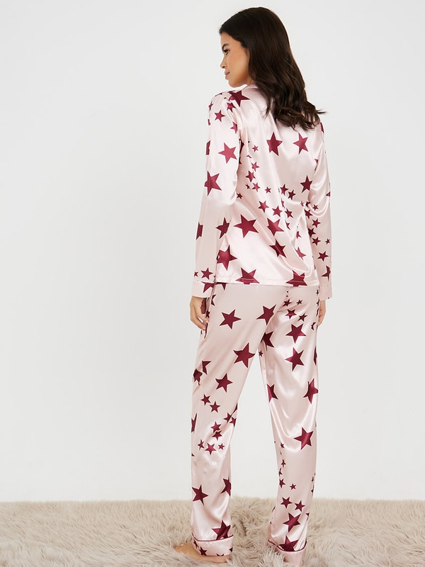 Long Sleeves Star Print Satin Shirt And Trouser Set Styli