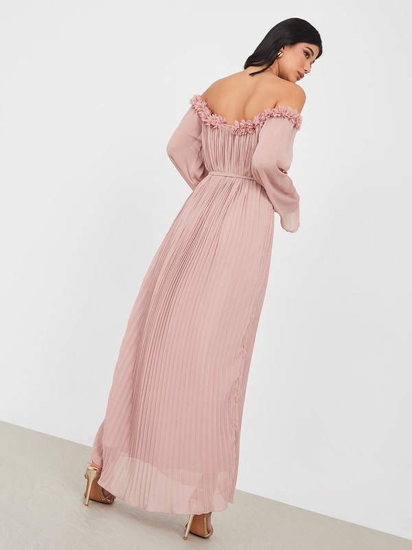 Buy Floral Applique Detail Pleated A Line Maxi Dress Pink For Women
