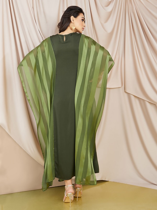 Buy Satin Striped Embellished Neckline Kaftan Olive For Women Styli Uae