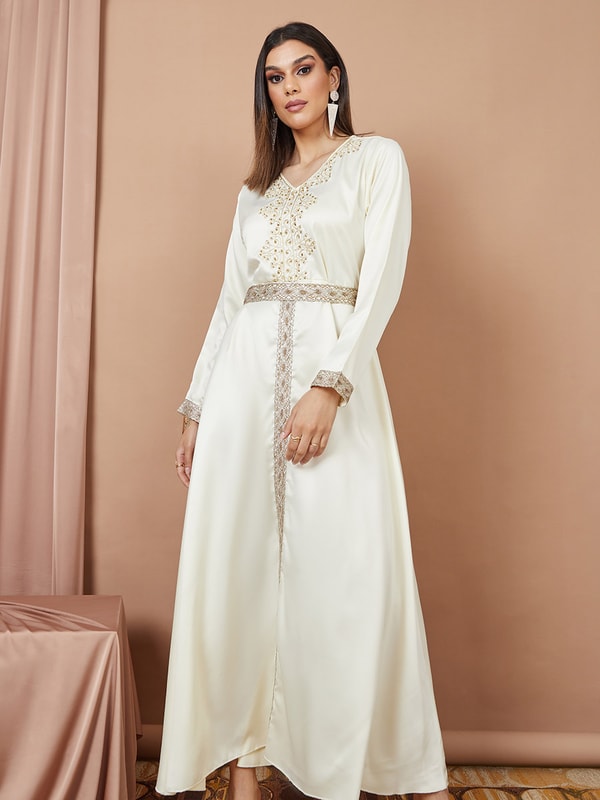 Buy Handwork Embellished Kaftan With Belt Beige For Women Styli Uae