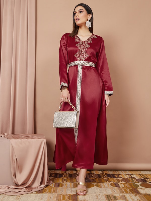 Buy Handwork Embellished Kaftan With Belt Burgundy For Women Styli Uae