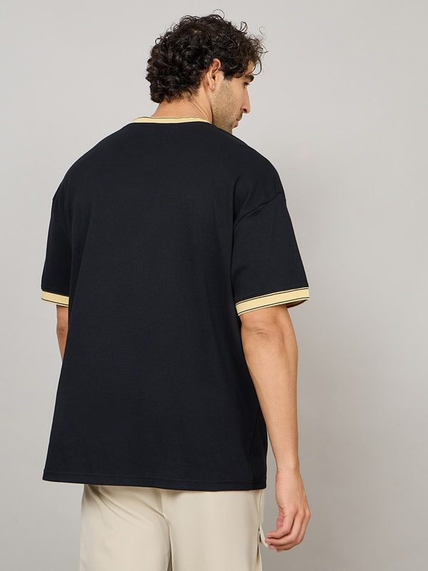 Buy Eco-Earth V Neck Tipping Rib Detail Oversized T-Shirt Black For Men ...