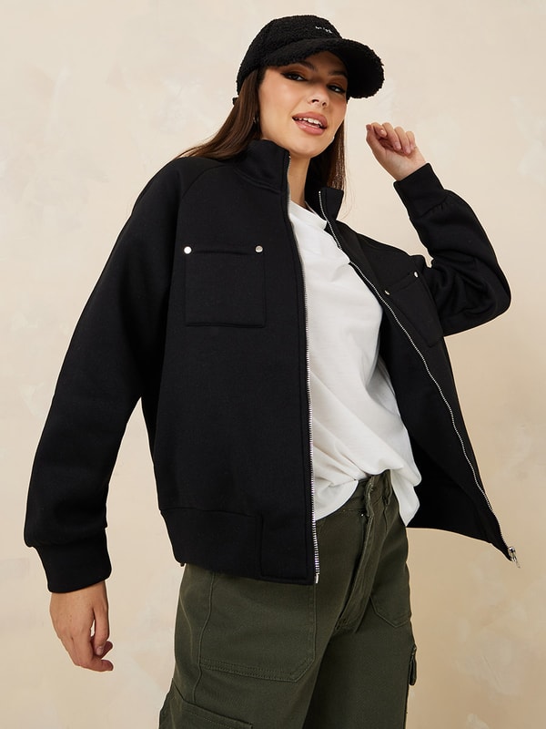 Regular Length Oversized High Neck Bomber Jacket For Women at UAE | Styli