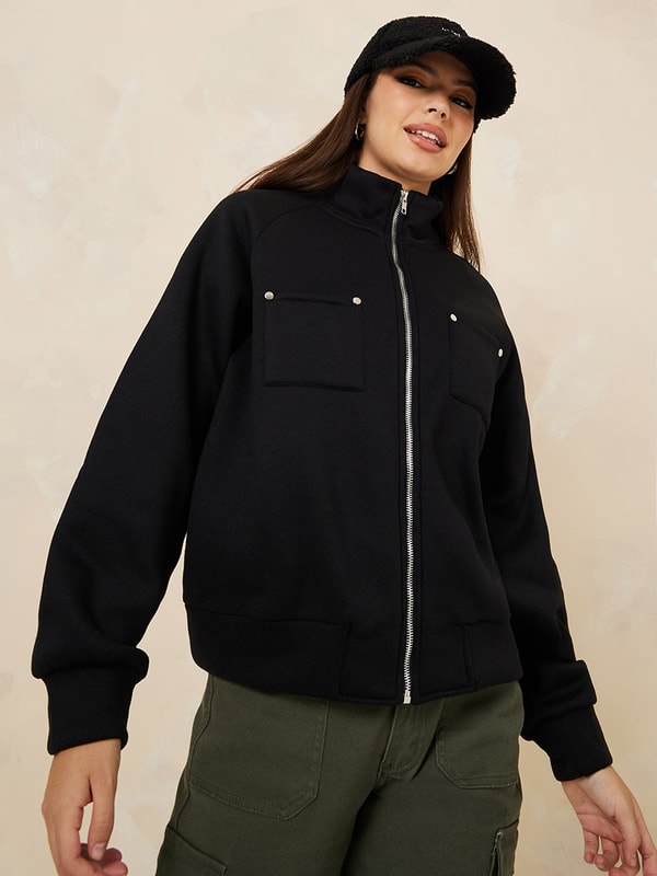 Regular Length Oversized High Neck Bomber Jacket For Women at UAE | Styli