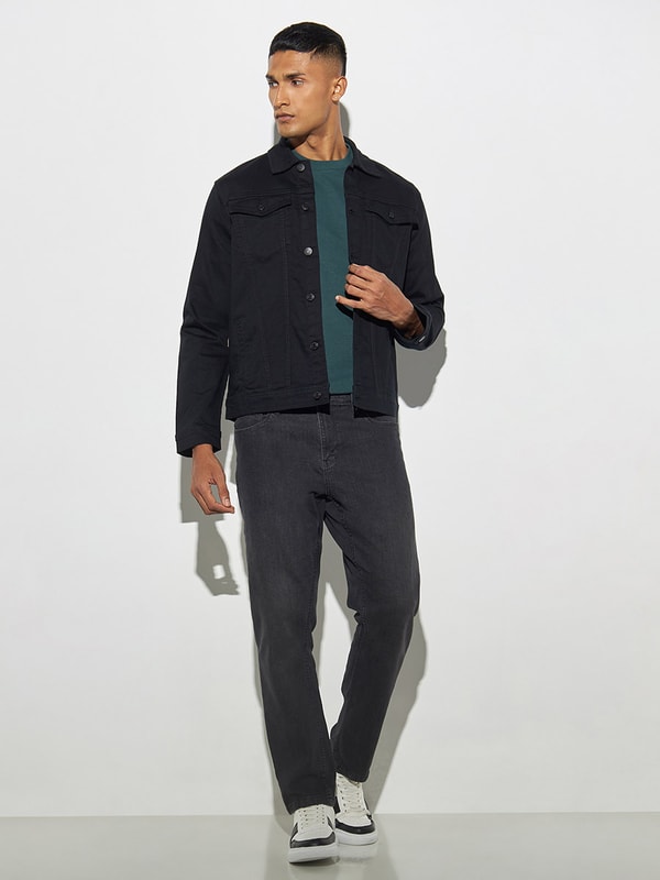 Buy Regular Fit Solid Denim Jacket Black For Men | Styli Saudi