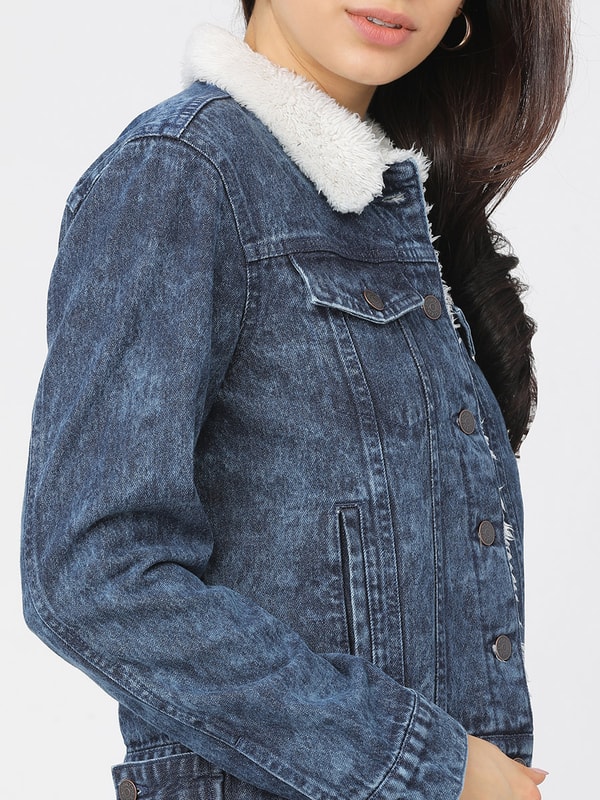Solid Cropped Fluffy Collar Denim Jacket | Styli