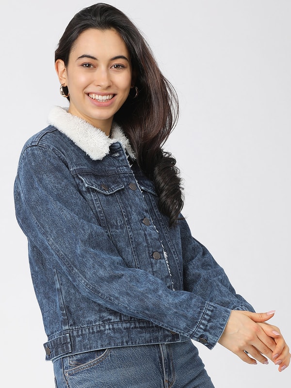 Solid Cropped Fluffy Collar Denim Jacket | Styli