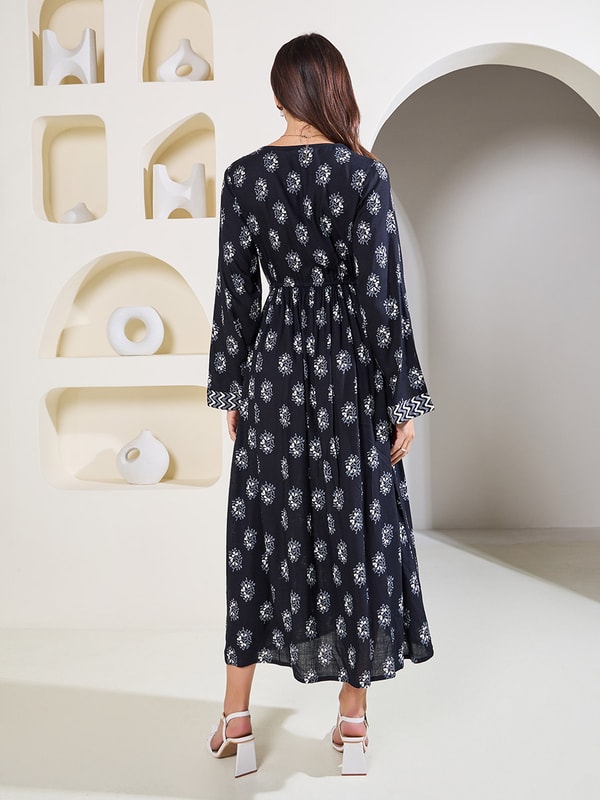Block Print A-Line Maxi Dress with Waist Tie Up For Women at Saudi | Styli