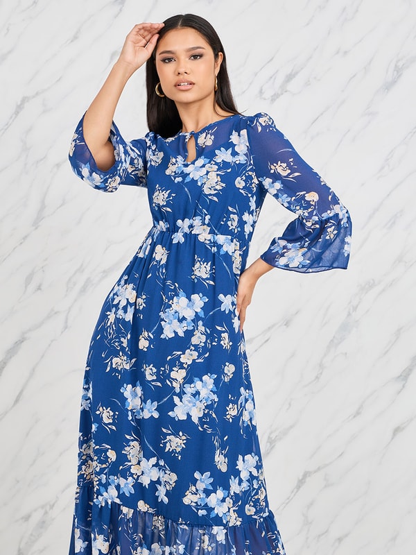 Buy Floral Print Keyhole Neck A Line Maxi Dress Blue For Women Styli Uae