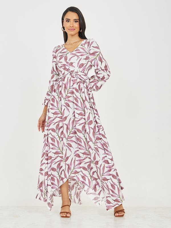 Buy Leaf All Over Print Front Twist Detail A-Line Maxi Dress Pink For ...