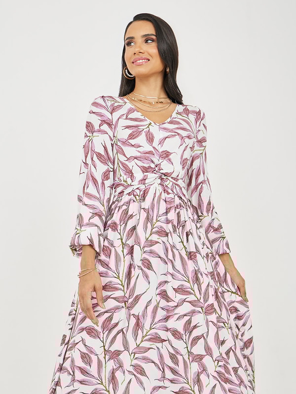 Buy Leaf All Over Print Front Twist Detail A-Line Maxi Dress Pink For ...