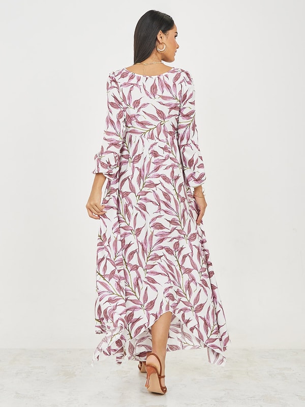 Buy Leaf All Over Print Front Twist Detail A-Line Maxi Dress Pink For ...