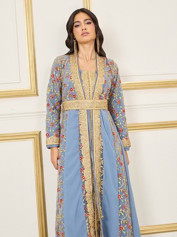 Buy Embroidered Ball Gown Belted Kaftan Blue For Women Styli Saudi