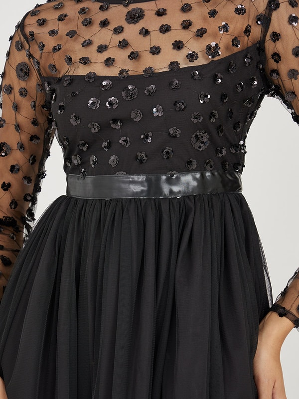 Buy Sequin Embellished Mesh Insert A Line Maxi Dress Black For Women