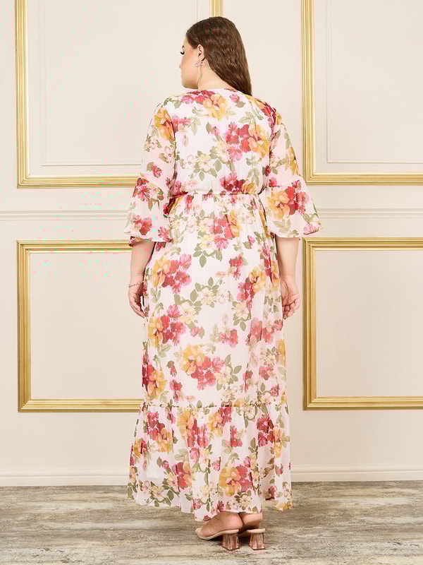 Buy Plus Floral Print Gathered Detail A Line Maxi Dress White For Women