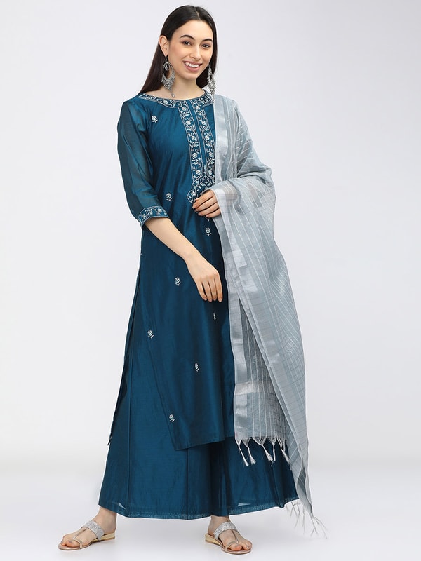 Floral Embroidered Kurta and Palazzo with Dupatta Set | Styli
