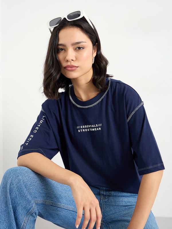 Oversized Overlock Seam Detail 100% Cotton T-Shirt For Women at Saudi ...