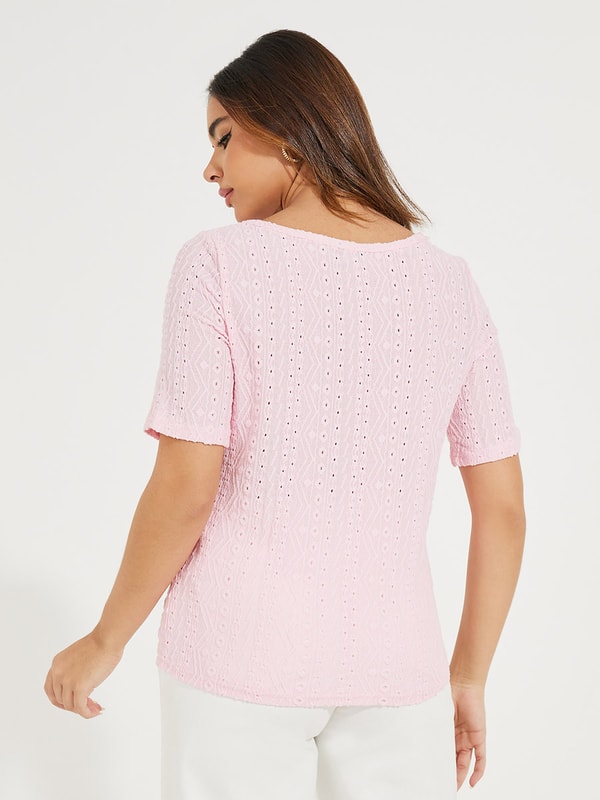 Knit Pointelle Top with Boat Neck and Short Sleeve For Women at UAE | Styli
