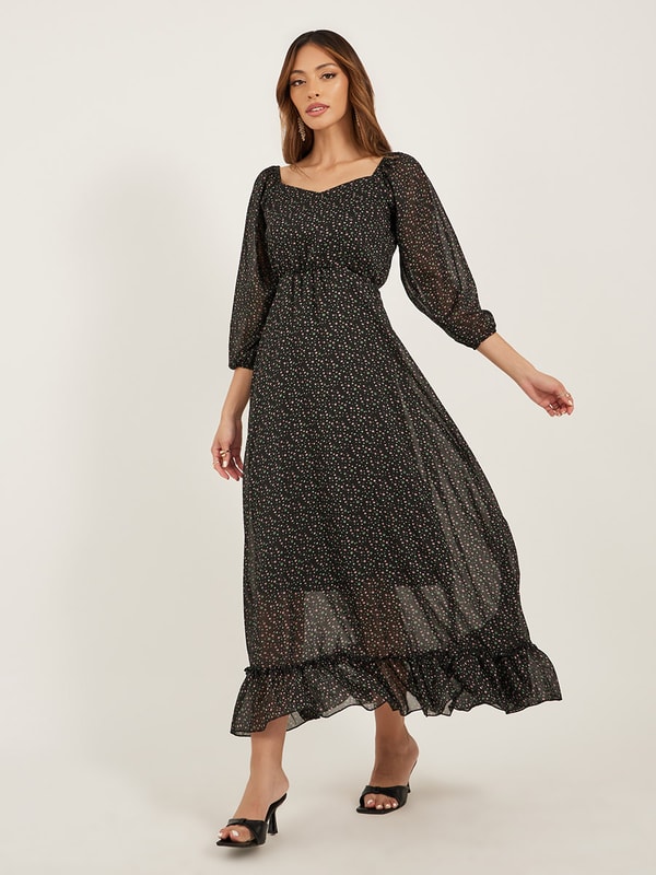 Buy Floral Print Sweetheart Neck Balloon Sleeves Tiered Maxi Dress ...