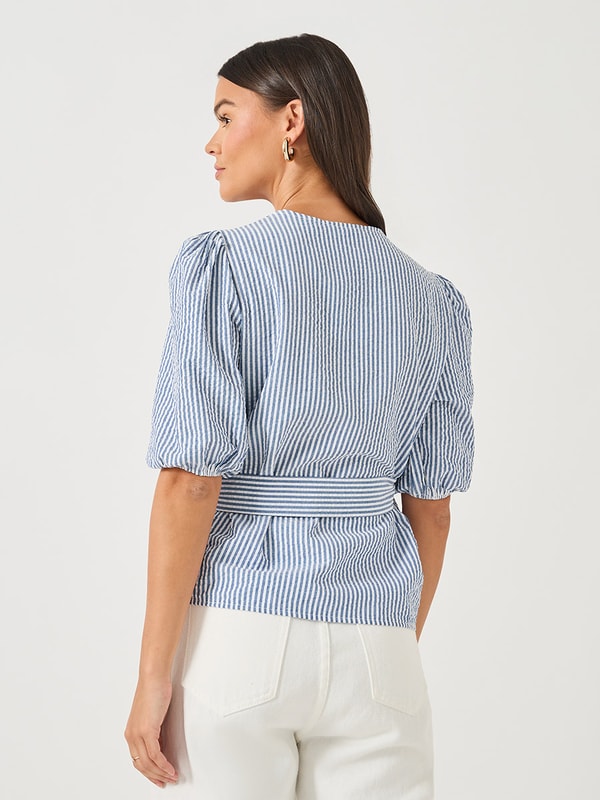 Striped Puff Sleeve Wrap Top For Women at UAE | Styli