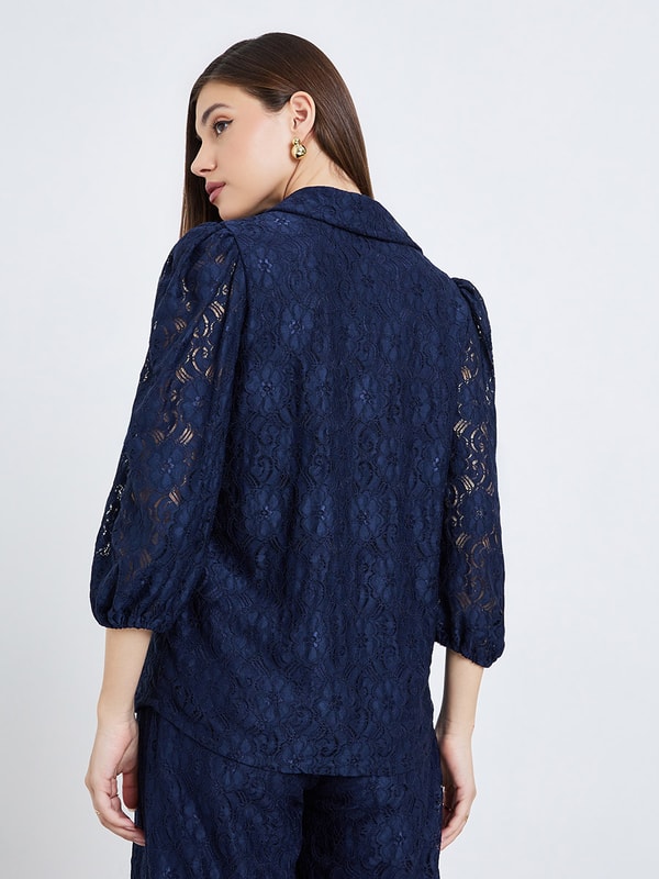 Buy Navy Blue Lace Spread Collar Blouse Navy Blue For Women | Styli UAE