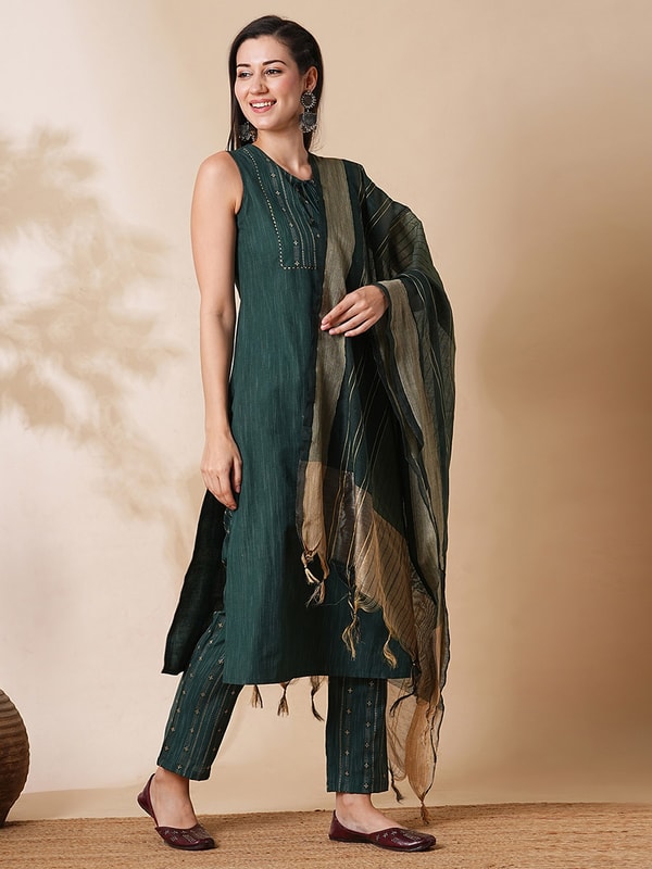 Embroidered Tie-Up Neck Straight Kurta with Pants and Dupatta Set For ...