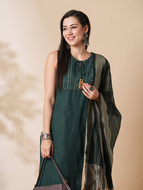 Embroidered Tie-Up Neck Straight Kurta with Pants and Dupatta Set For ...